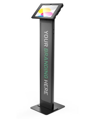 Universal Tablet Floor Stand with Brandable Panel and Clamp Mount