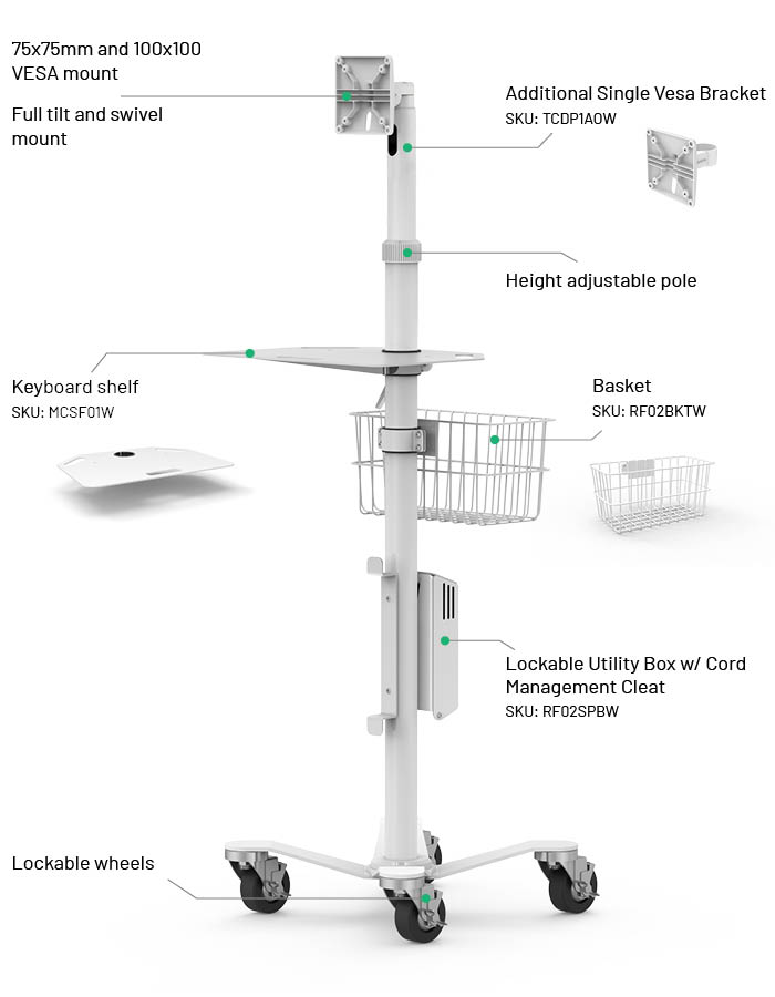 Medical Rolling Cart with Invisible Universal Tablet Mount - Rise Freedom